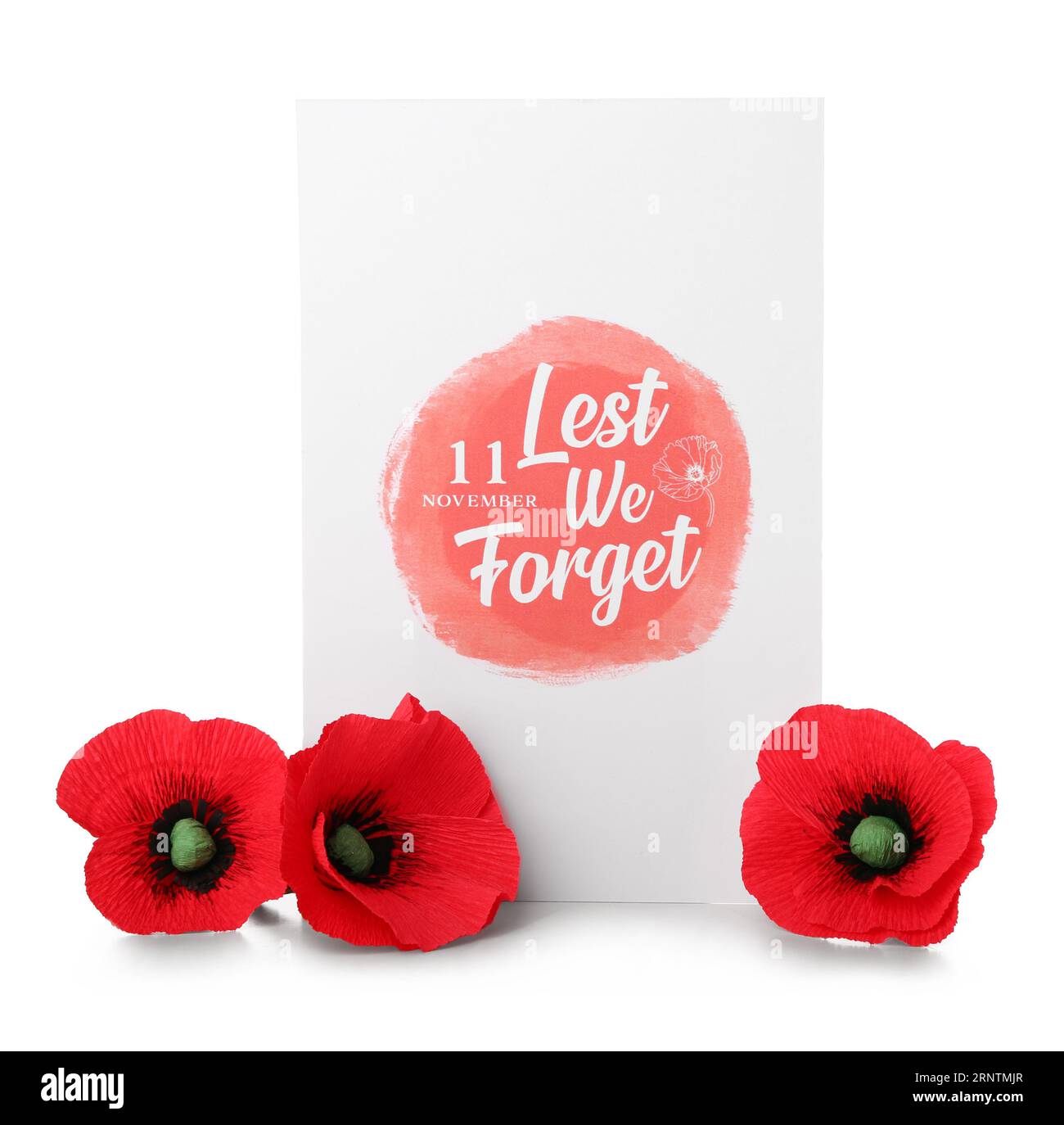 Red poppy flowers with card isolated on white background. Remembrance ...