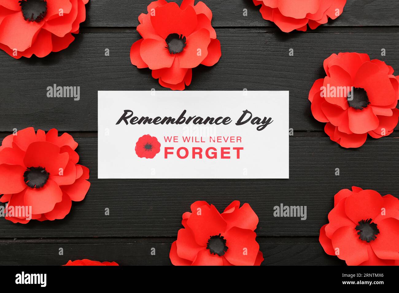 Red poppy flowers with card on black wooden background. Remembrance Day ...