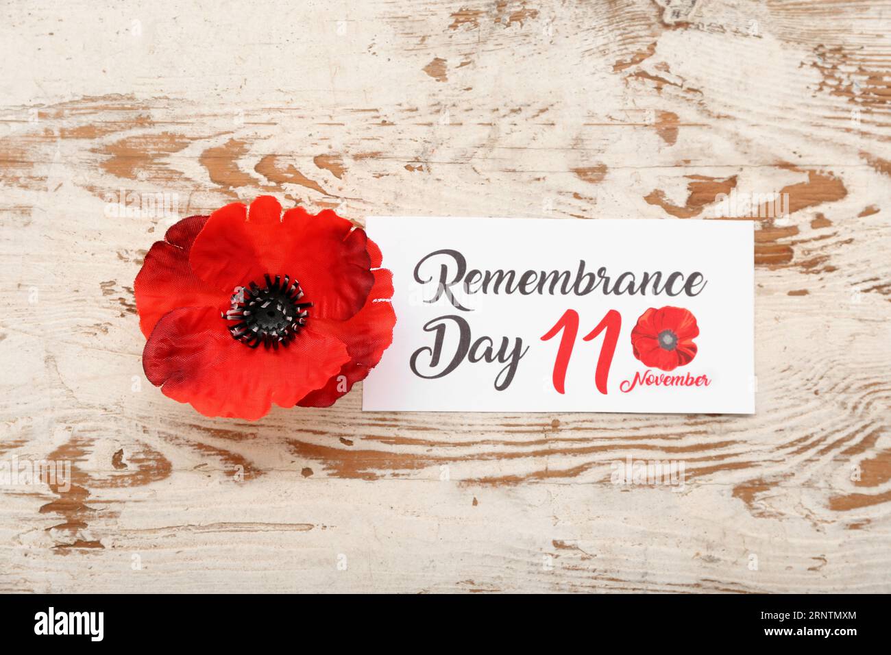 Red poppy flower with card on light wooden background. Remembrance Day ...