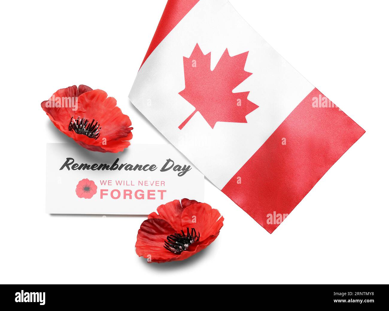 Poppy flowers, flag of Canada and card on white background. Remembrance ...