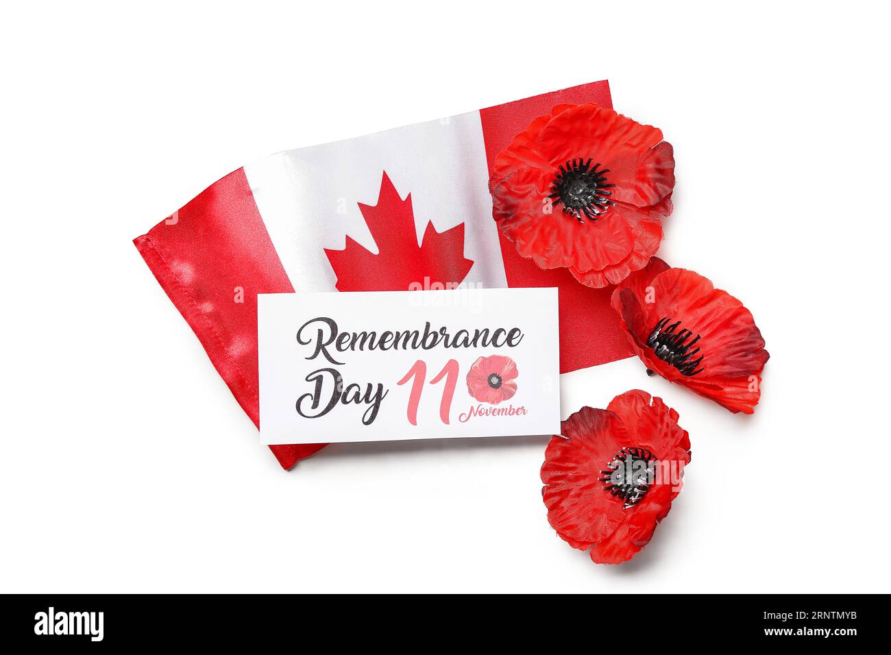Poppy flowers, flag of Canada and card on white background. Remembrance ...