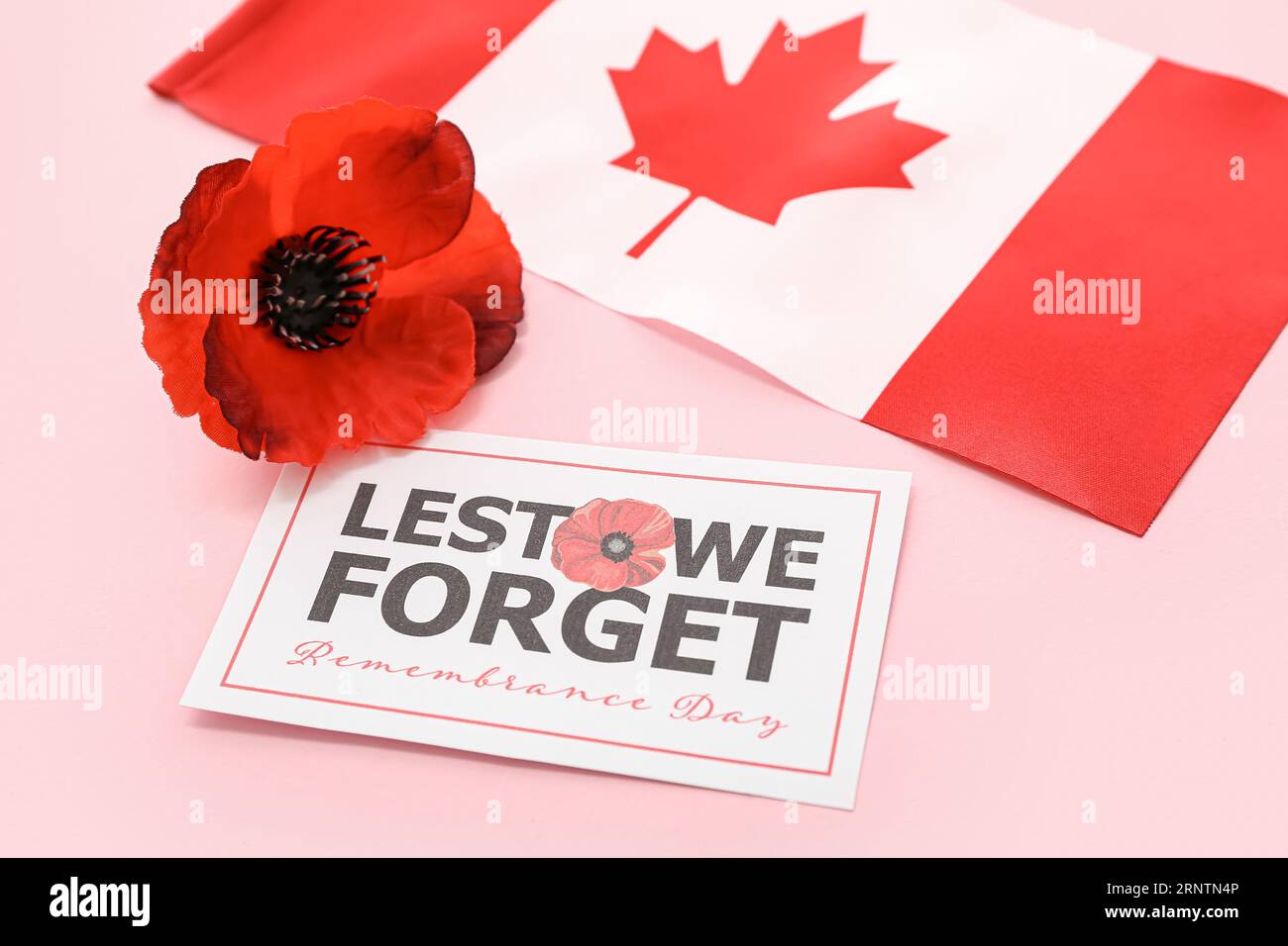 Poppy flower, flag of Canada and card with text LEST WE FORGET on pink ...