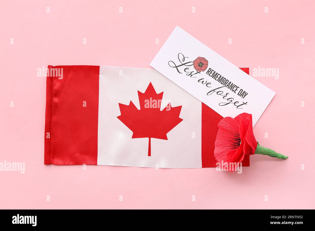 Poppy flower, flag of Canada and card with text LEST WE FORGET on pink ...