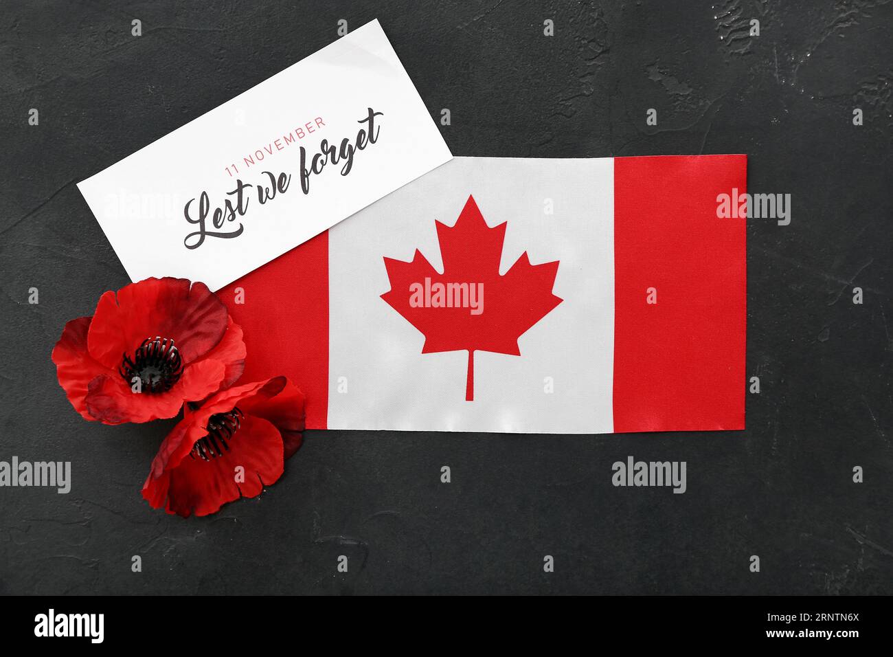 Poppy flowers, flag of Canada and card on grunge black background ...