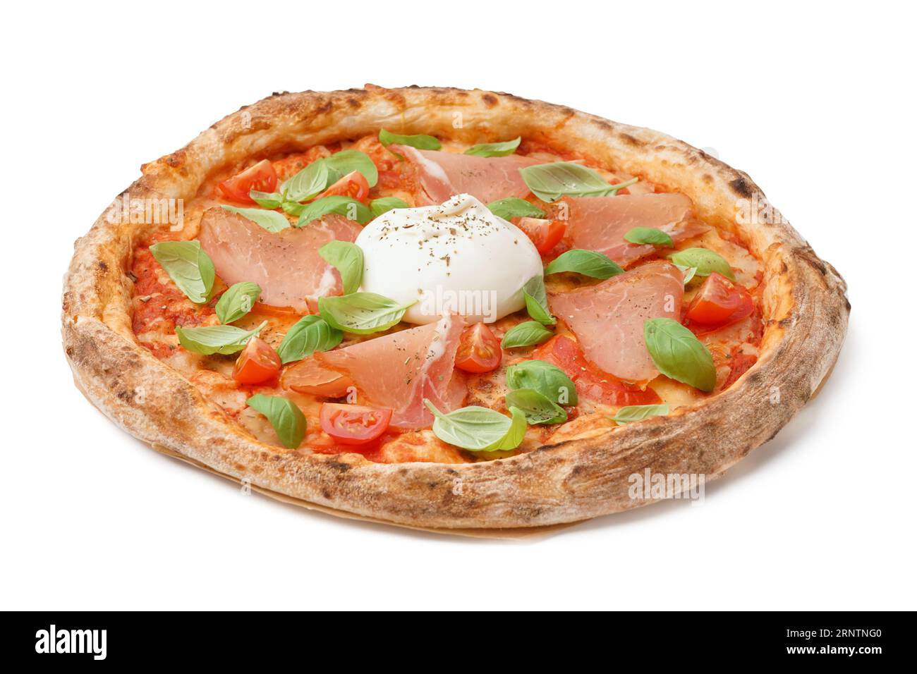 Tasty pizza with Burrata cheese on white background Stock Photo - Alamy
