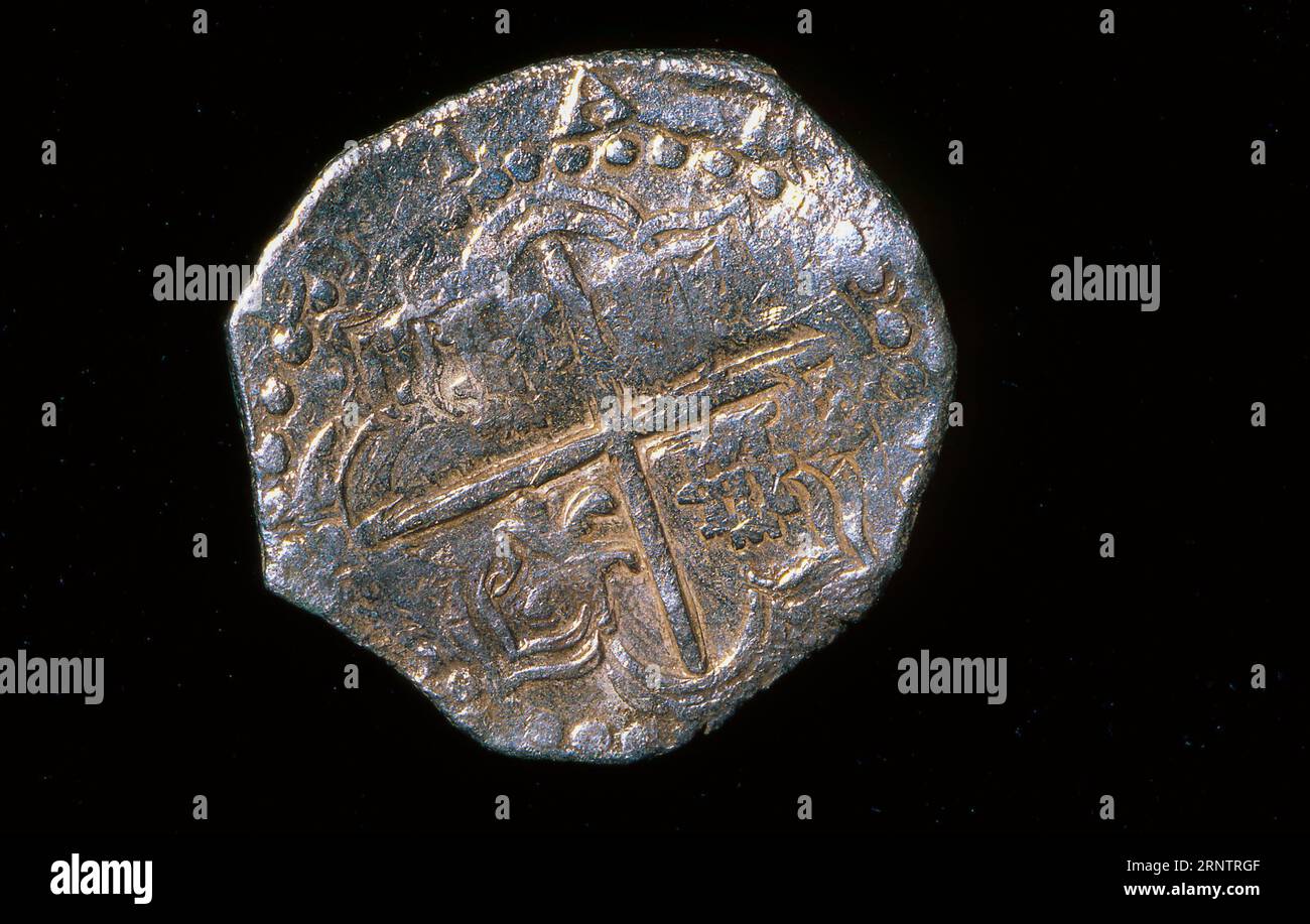 Silver Reale Treasure Coin, from 1733 Atocha shipwreck, Florida Stock ...