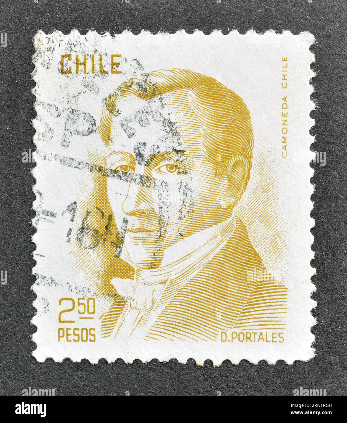 Cancelled postage stamp printed by Chile, that shows portrait of Diego ...
