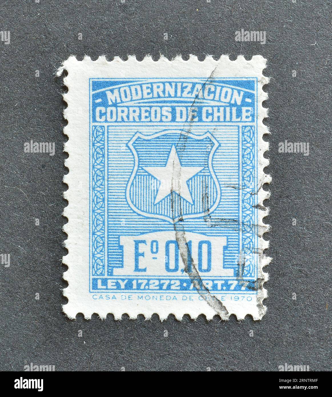 Cancelled postage stamp printed by Chile, that shows Chilean Arms ...