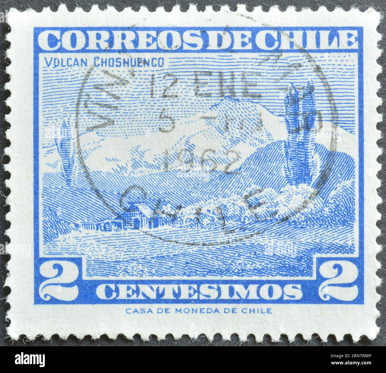 Cancelled postage stamp printed by Chile, that shows Choshuenco volcano ...