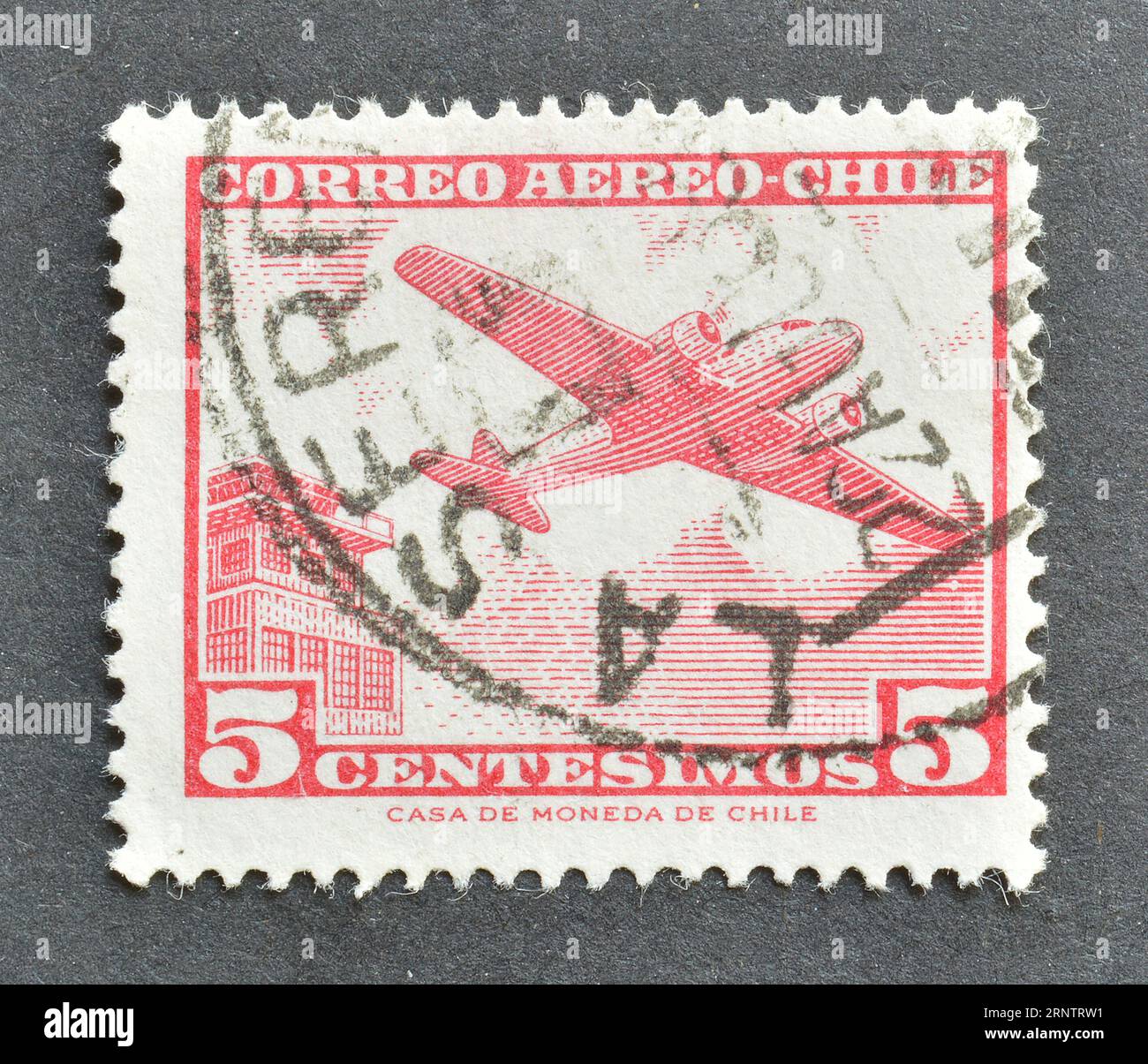 Cancelled postage stamp printed by Chile, that shows Douglas DC-2 ...