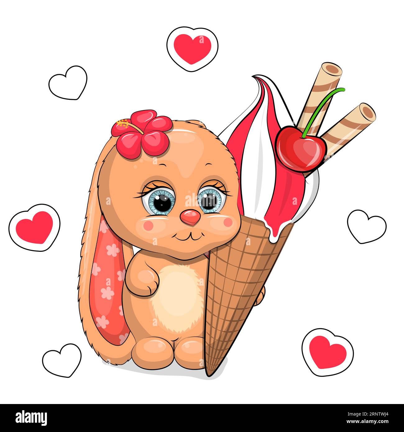 Cute cartoon baby rabbit with big ice cream. Summer animal vector ...