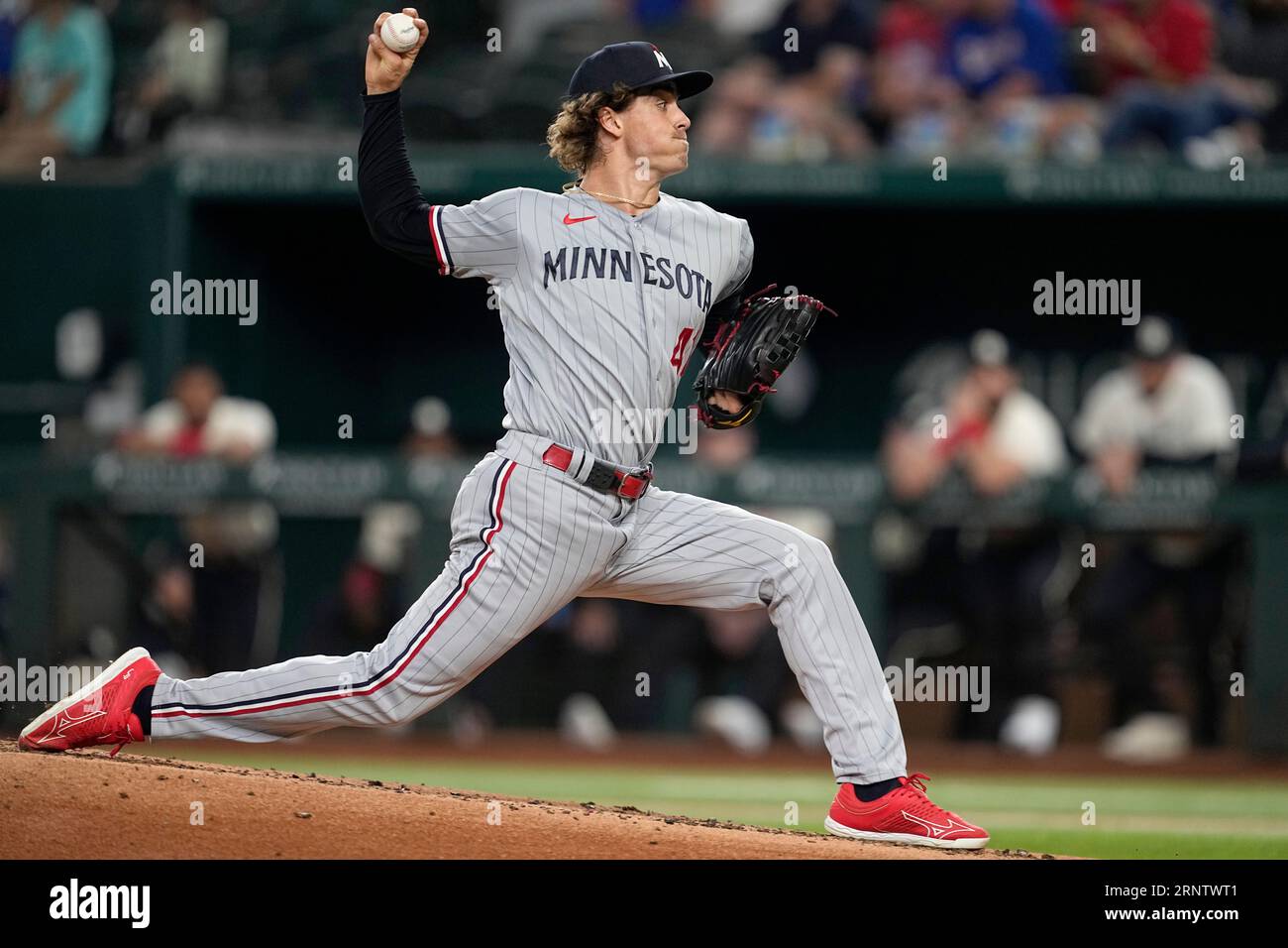 Minnesota Twins starting pitcher Joe Ryan throws to the Texas Rangers during a baseball game ...