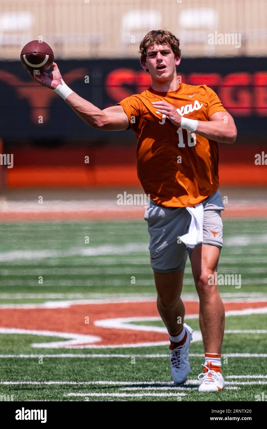 Sept 2, 2023. Arch Manning #16 of the Texas Longhorns warming up before ...