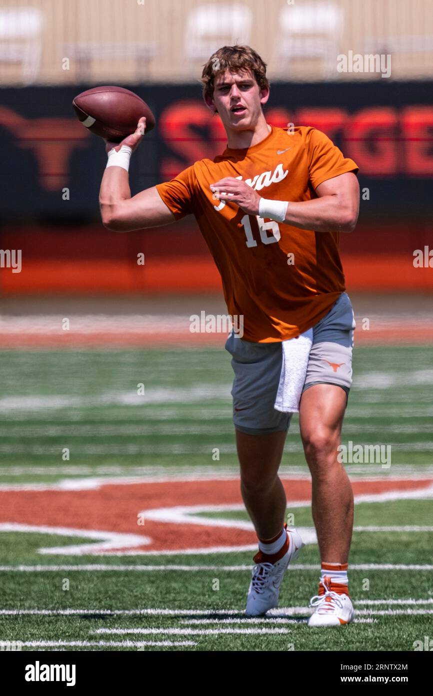 Sept 2, 2023. Arch Manning #16 of the Texas Longhorns warming up before ...