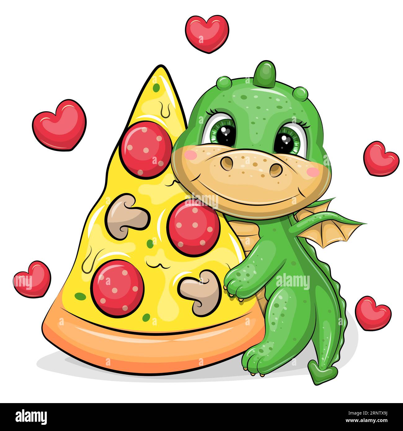 Cute cartoon green dragon with a big piece of pizza. Vector ...