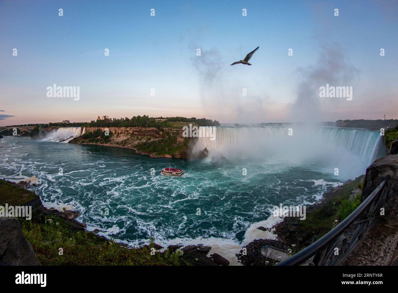 Fisheye view of Niagara Falls waterfalls with the maid of the mist ...