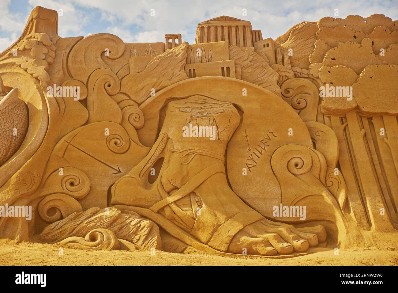 Sondervig, Denmark,May 21,2023: Sand Sculpture Festival. Achilles heel ...