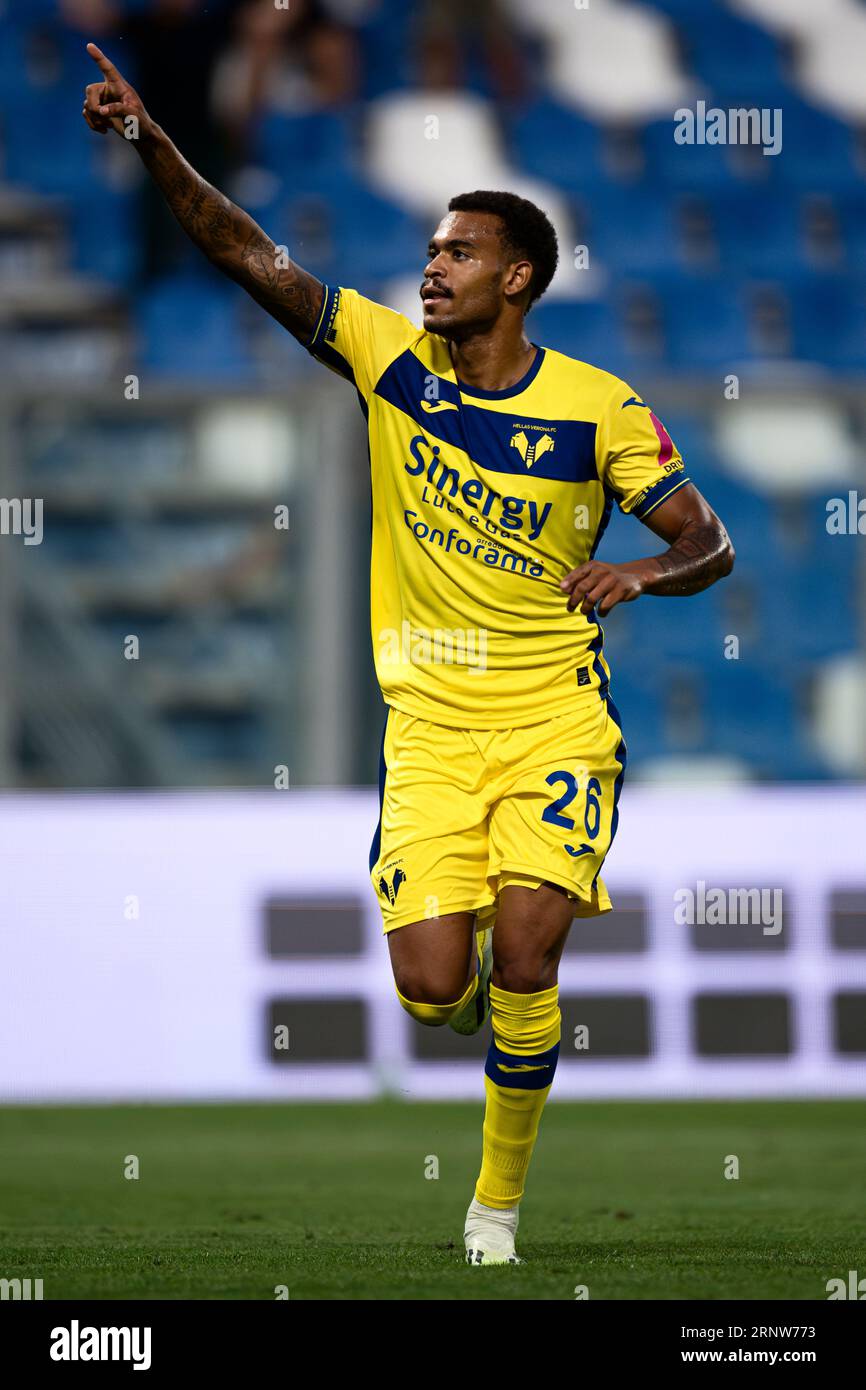 Cyril Ngonge of Hellas Verona FC celebrates after scoring a goal during ...