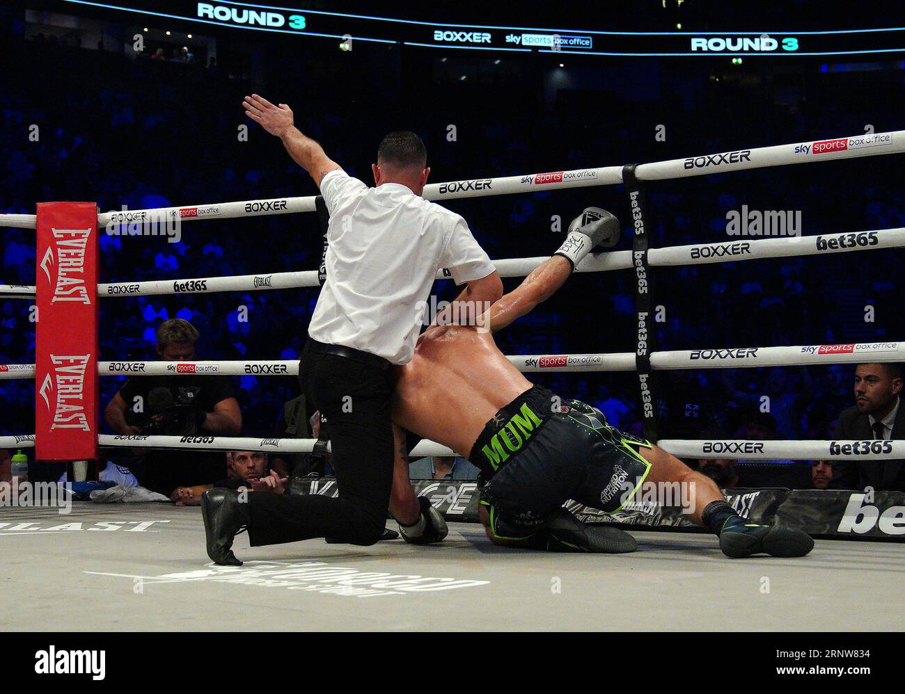 The ring referee stops the fight after Jack Cullen (not pictured ...