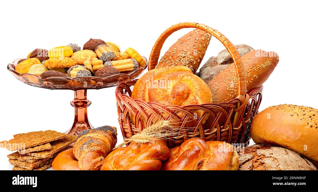 Collection of bread products isolated on white background Stock Photo ...