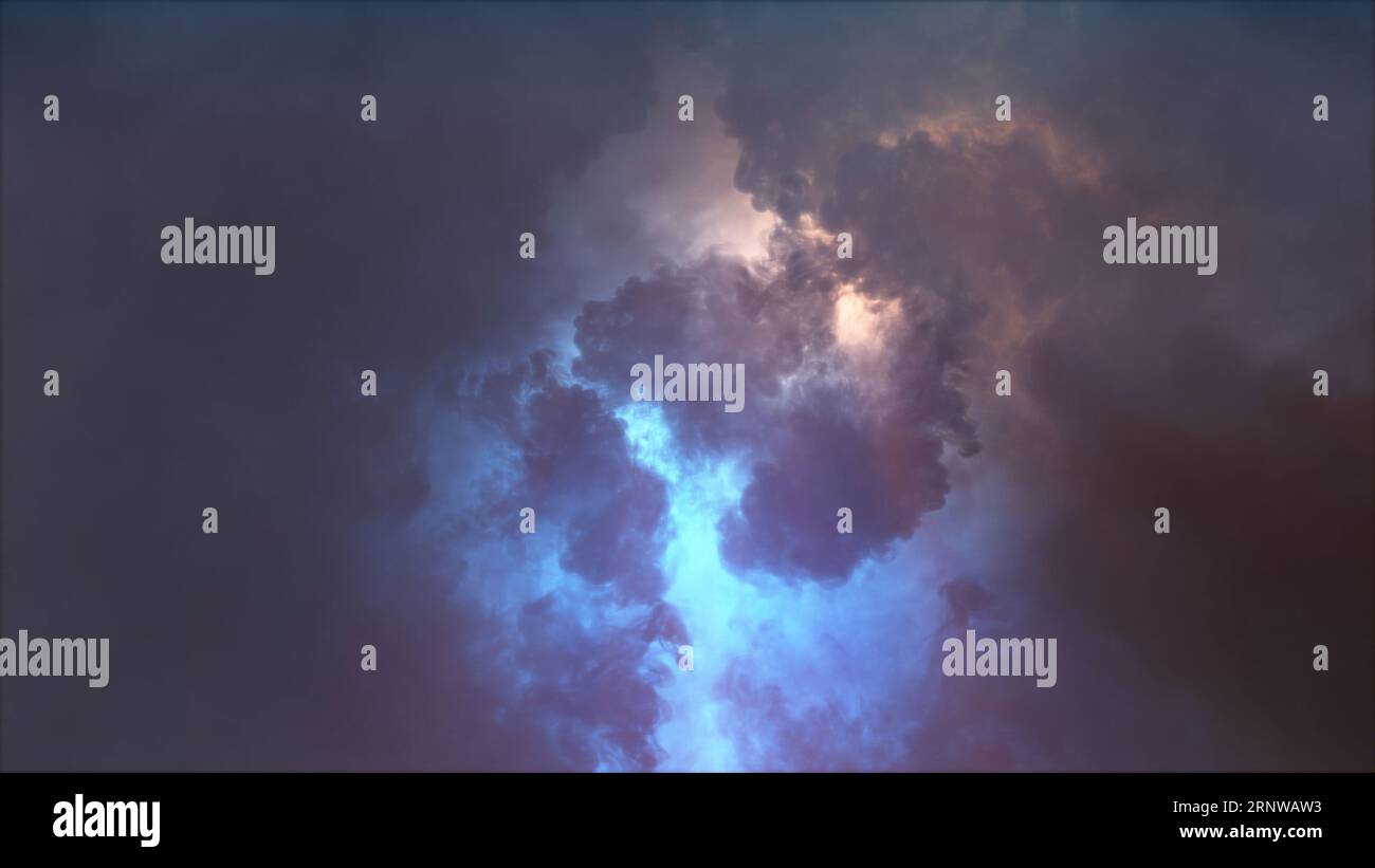 3D rendering of lightning strike and light effects in clouds ...