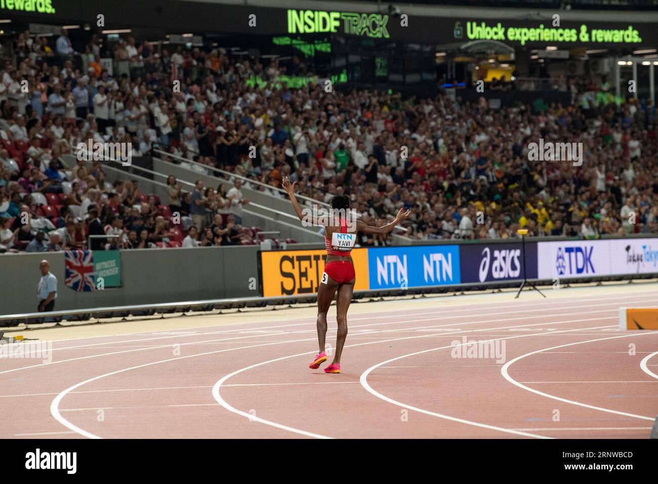 Winfred Yavi of Bahrain celebrate’s after competing in the women’s ...