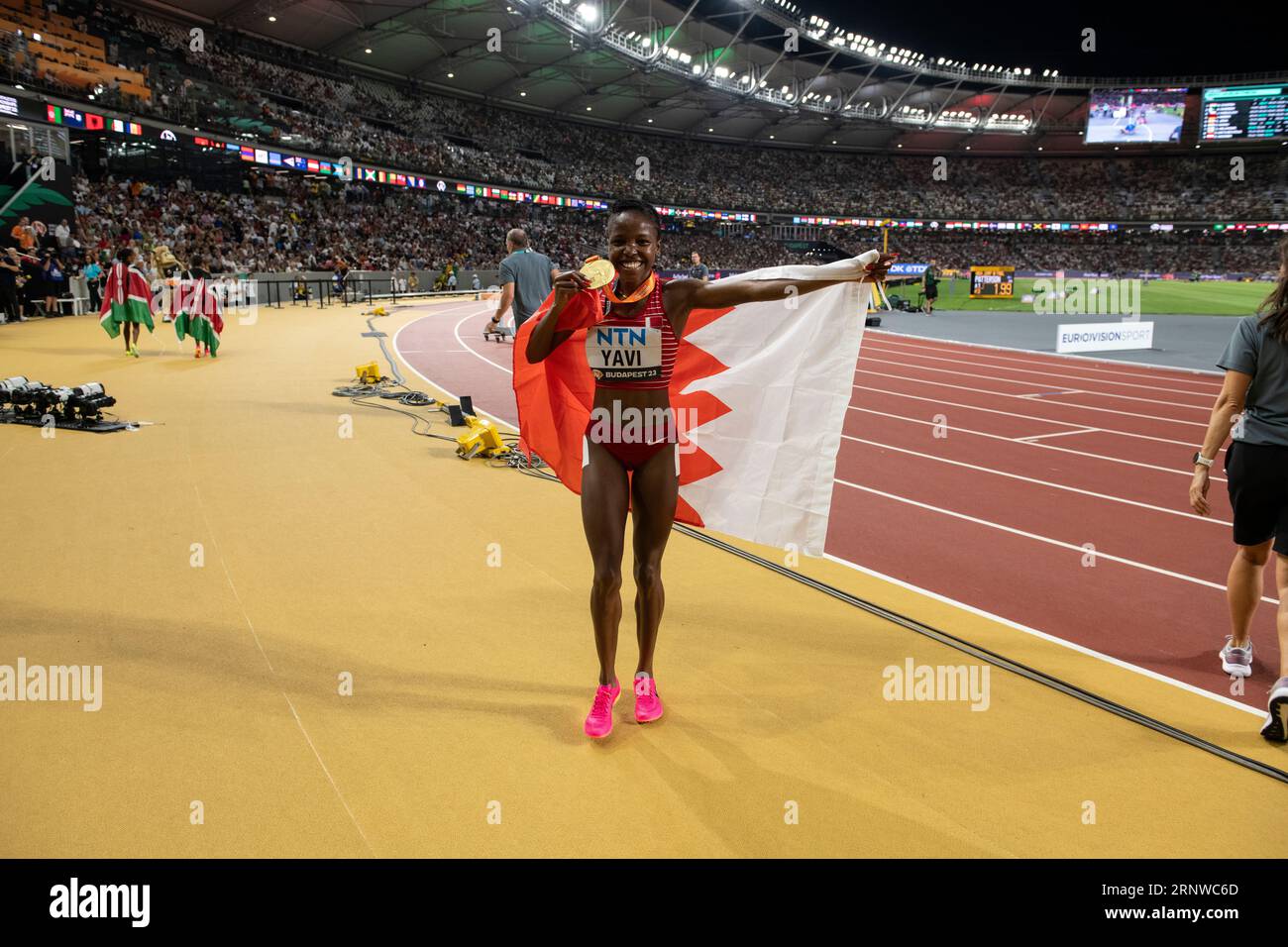 Winfred Yavi of Bahrain celebrate’s after competing in the women’s ...