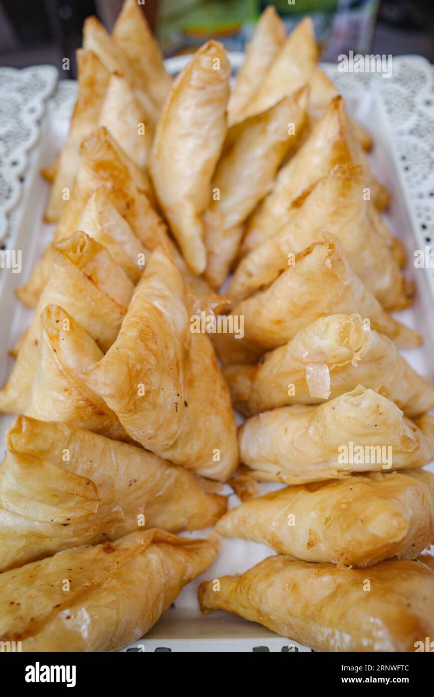 Marrakech, Morocco - Feb 10, 2023: Moroccan fried samosas, a popular ...