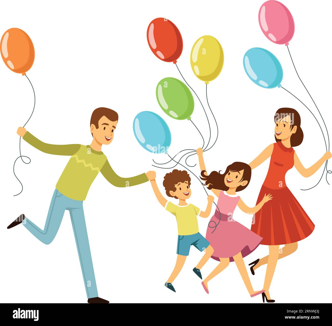 Family holiday characters with balloons. Happy parents and kids running ...
