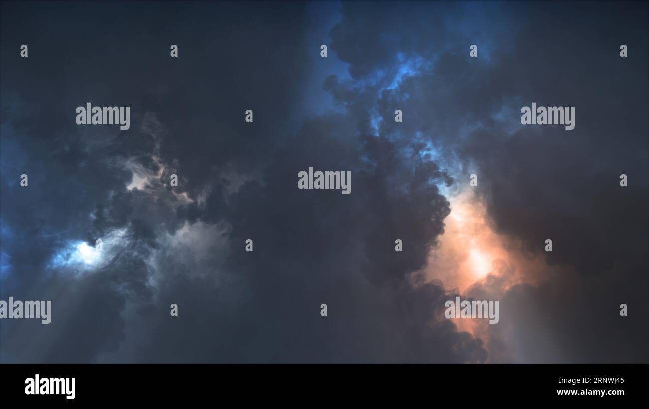 3D rendering of lightning strike and light effects in clouds ...