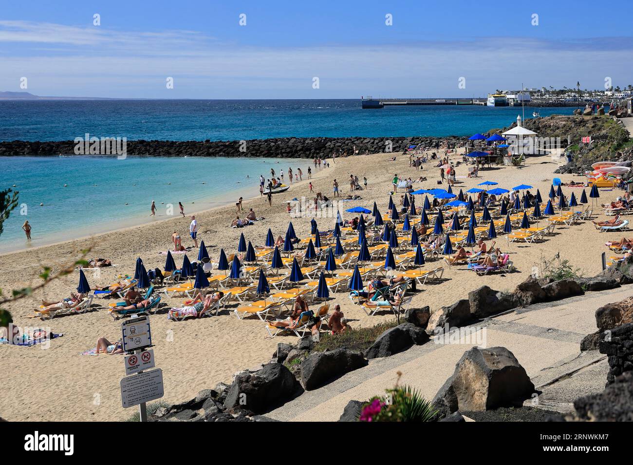 Playa Dorada beach, with sign Playa Blanca, Lanzarote, Canary Islands ...