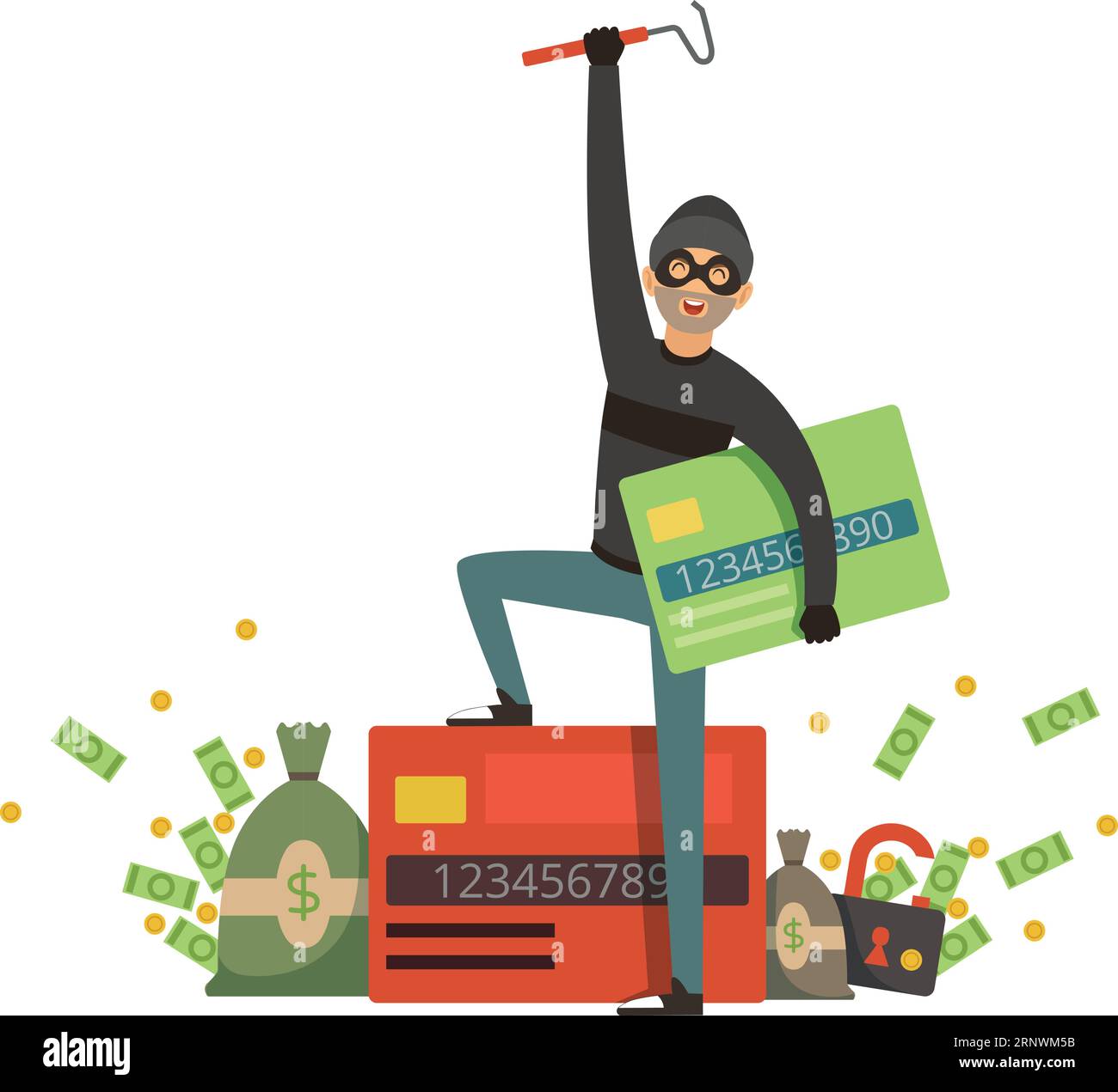 Happy thief with credit cards. Cyber robbery concept Stock Vector Image ...