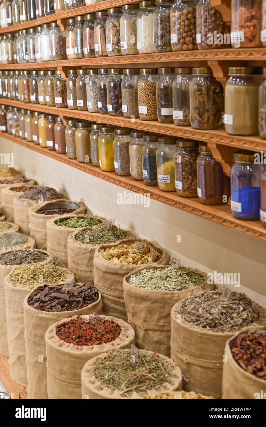 Marrakech, Morocco - Feb 8, 2023: Jars of dried seeds and spices at the ...