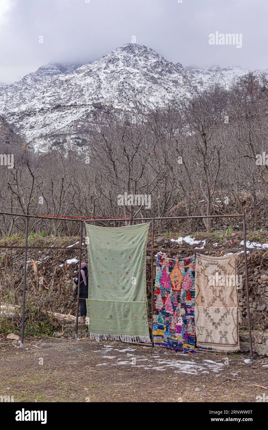 Imlil, Morocco - Fenb 22, 2023: Traditional Berber rugs and carpets on ...