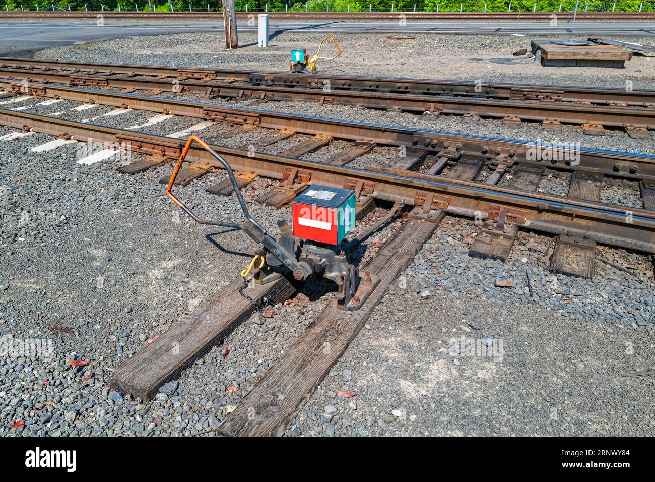 A manual switch at the railroad tracks near Kalama in Washington, USA ...
