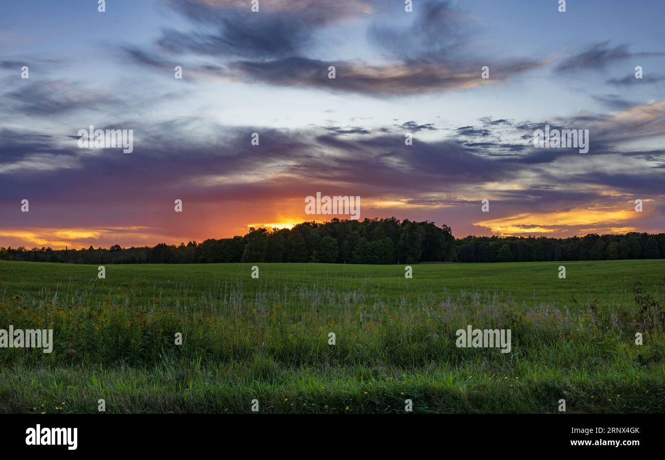 A pretty sunset over a hayfield in northern Wisconsin Stock Photo - Alamy