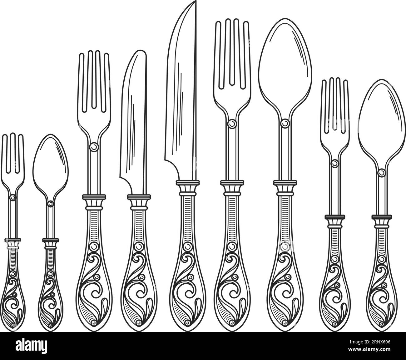 Vintage cutlery set. Hand drawn ornate tableware Stock Vector Image ...