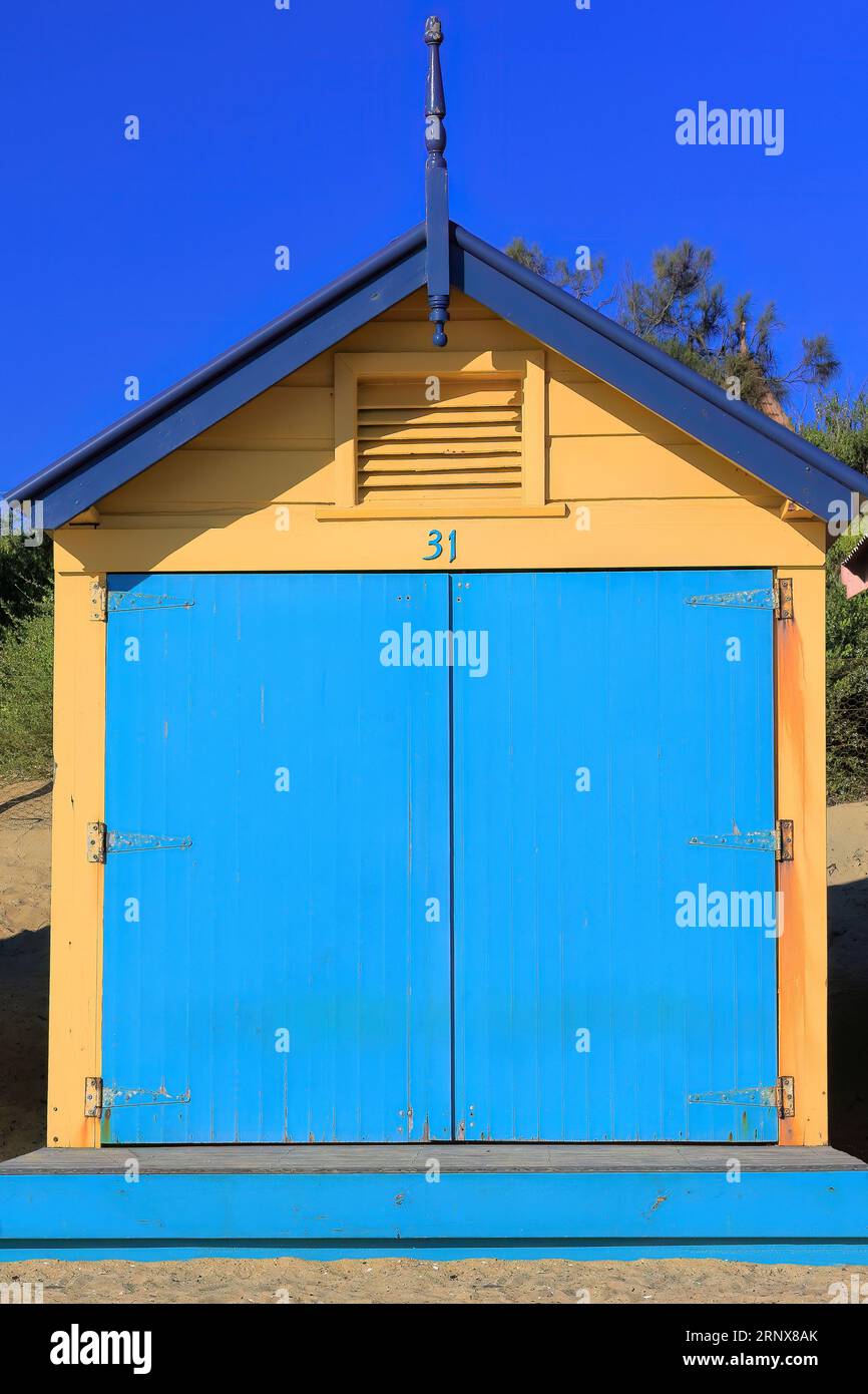 908 One of the 82 brightly painted Victorian bathing boxes on Dendy ...