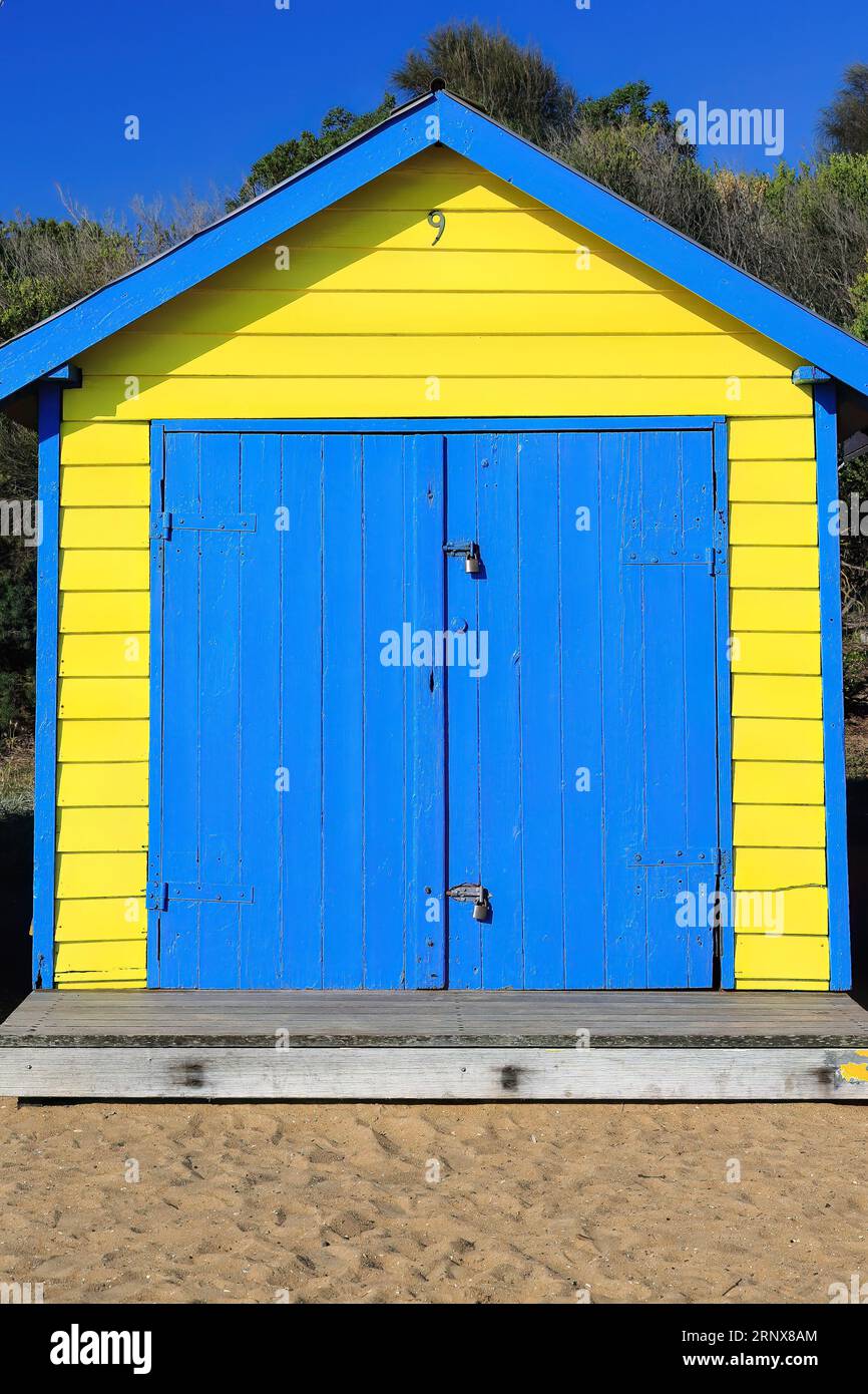 909 One of the 82 brightly painted Victorian bathing boxes on Dendy ...
