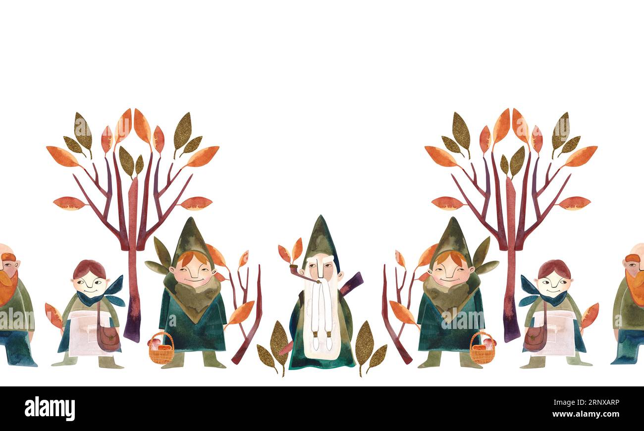 A family of gnomes are walking in the forest: a grandfather, a female ...