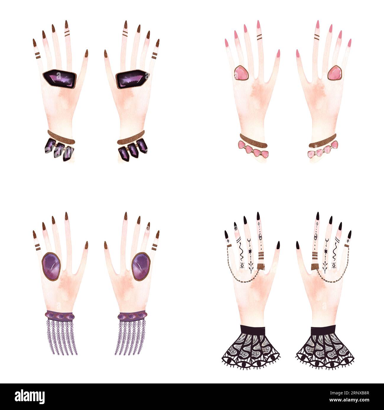Witch hands set with manicure, rings and crystals. Clipart. Watercolor ...