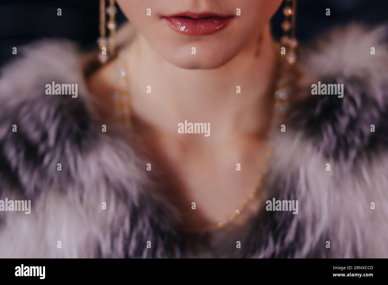 Fancy details of luxury white black grey winter warm fur coat. Elegant ...