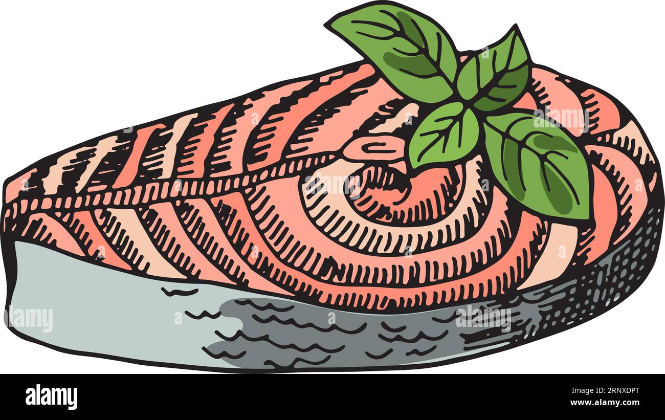 Fish steak color sketch. Hand drawn cooked seafood Stock Vector Image ...