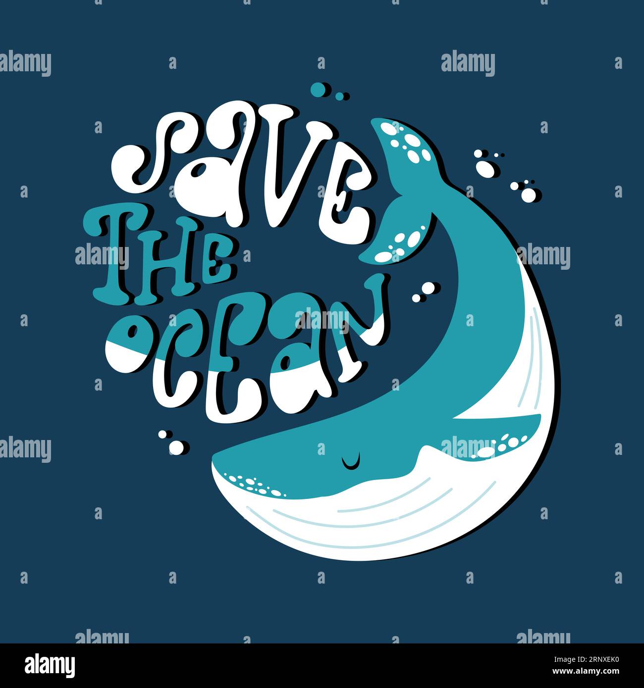 Handdrawn poster with cute whale and lettering Save the ocean in round ...