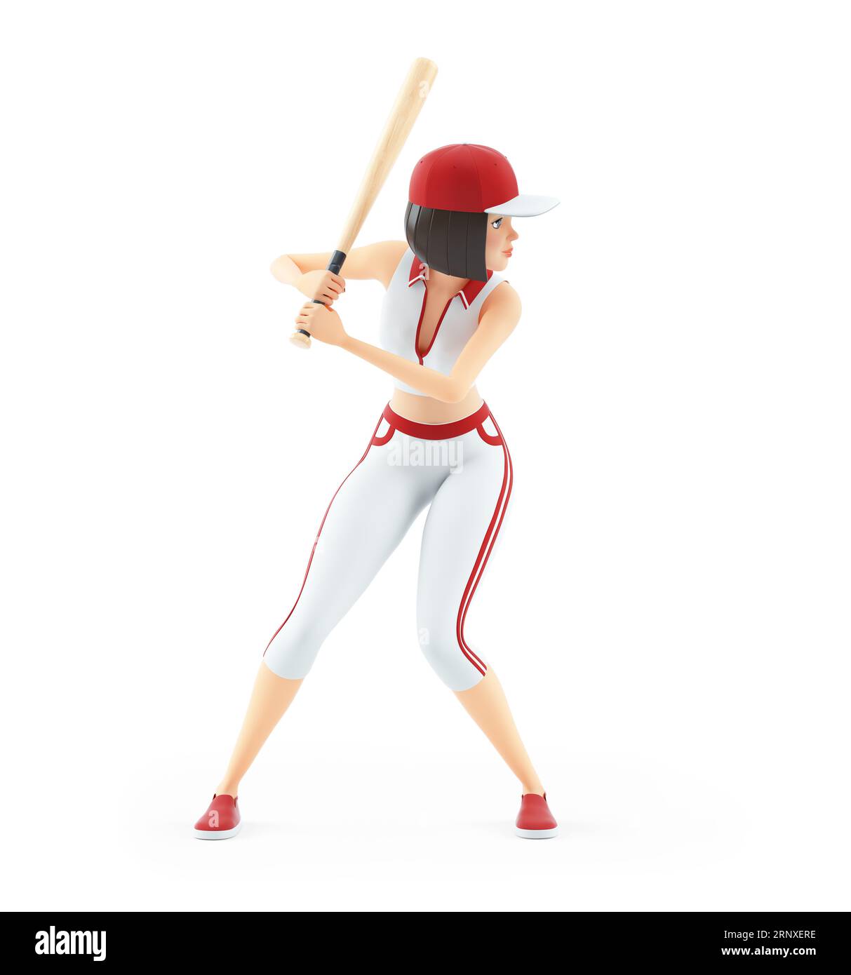 3d baseball girl ready to swing a bat, illustration isolated on white ...