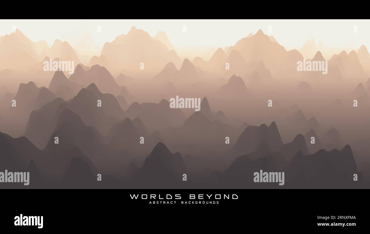 Abstract beige landscape with misty fog till horizon over mountain ...