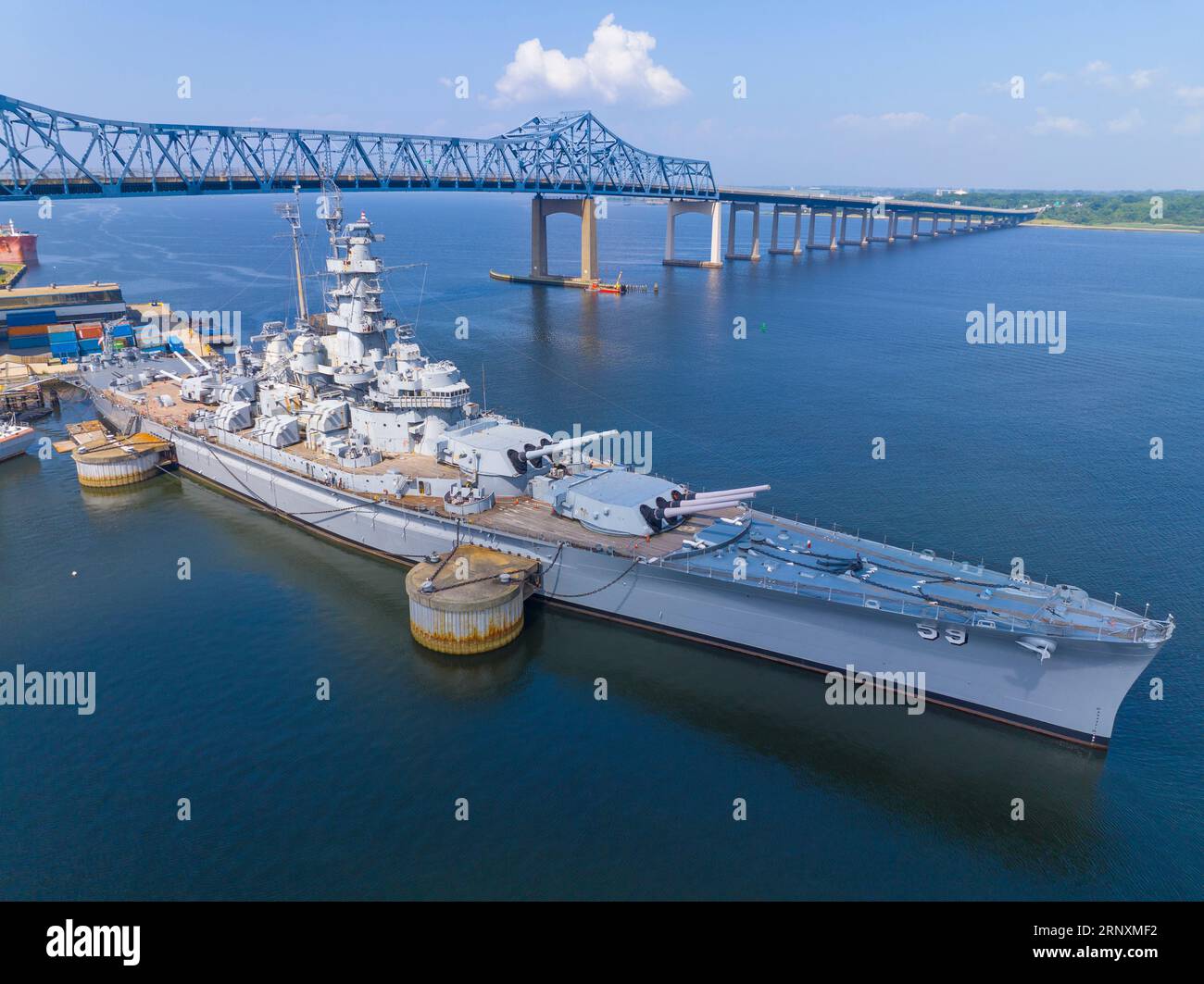 USS Massachusetts B-59 Battleship aerial view at Battleship Cove on ...