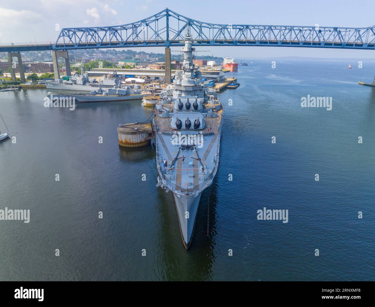 USS Massachusetts B-59 Battleship aerial view at Battleship Cove on ...