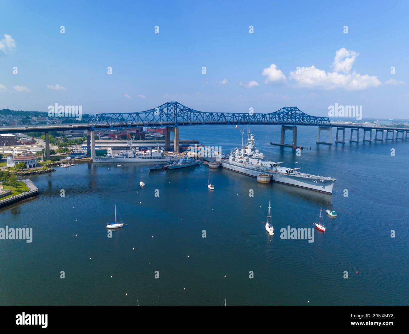 USS Massachusetts B-59 Battleship aerial view at Battleship Cove on ...