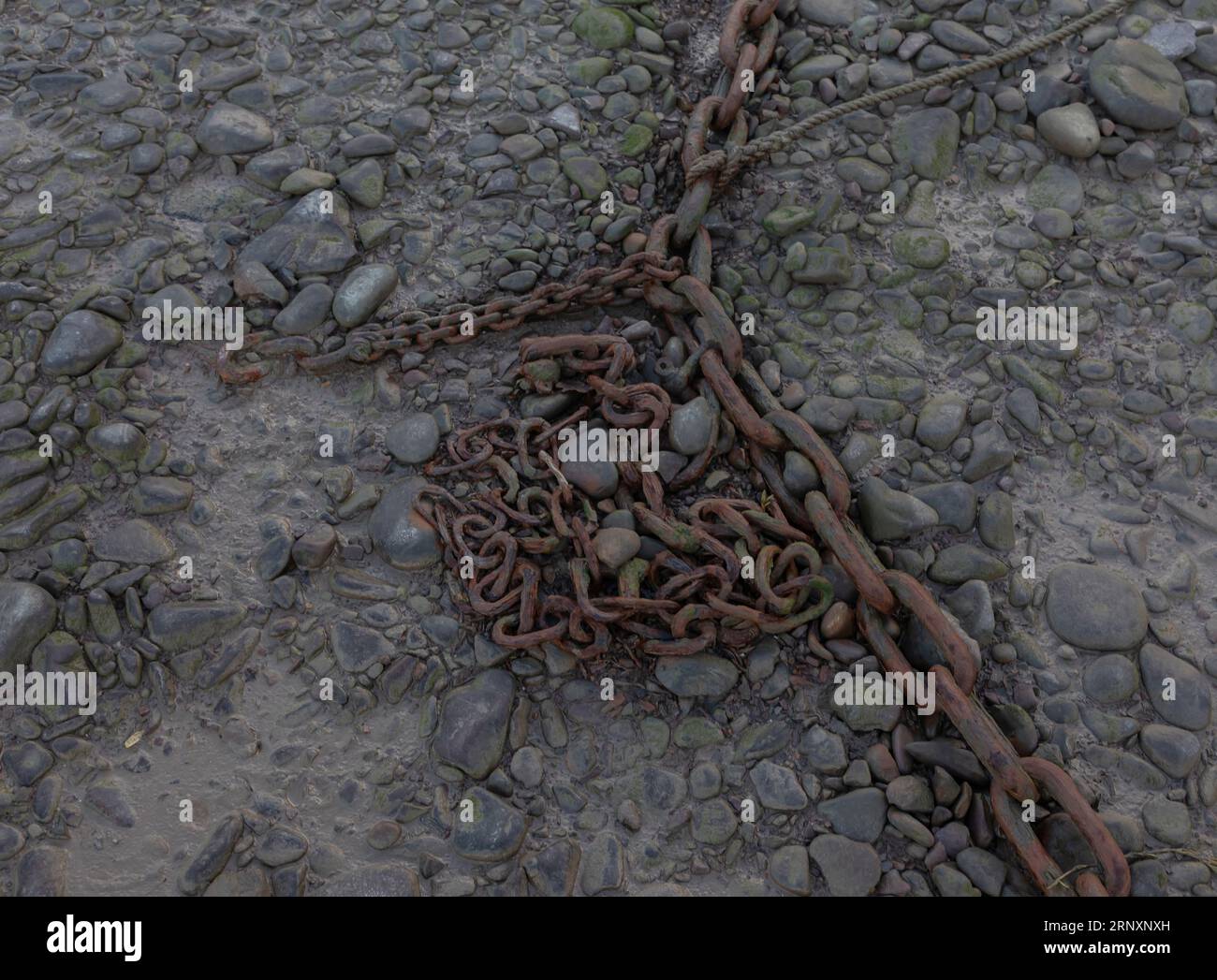 Tangle of various sized rusty chains on the harbour floor with rope and ...